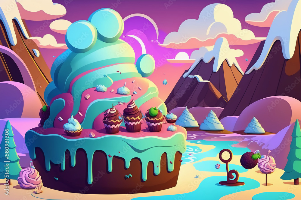 2D dessert chocalate mountain platformer level landscape, whipped cream ...