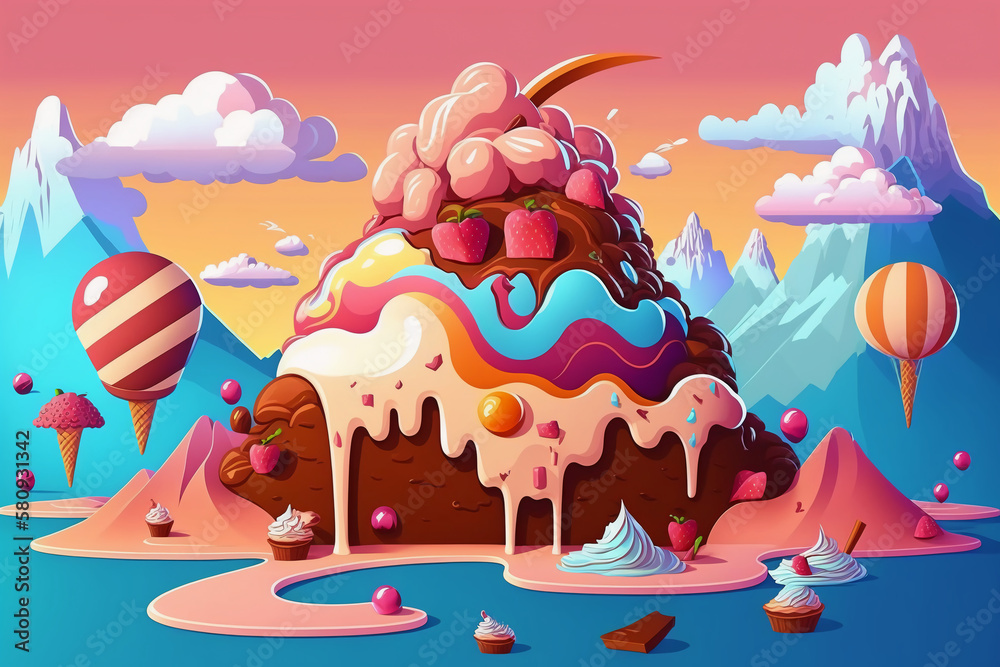 2D dessert chocalate mountain platformer level landscape, whipped cream ...