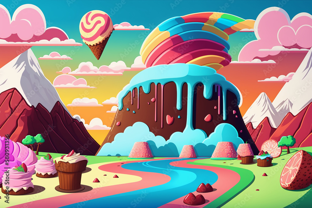 2D dessert chocalate mountain platformer level landscape, whipped cream ...