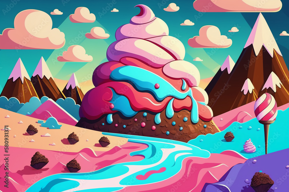 2D dessert chocalate mountain platformer level landscape, whipped cream ...