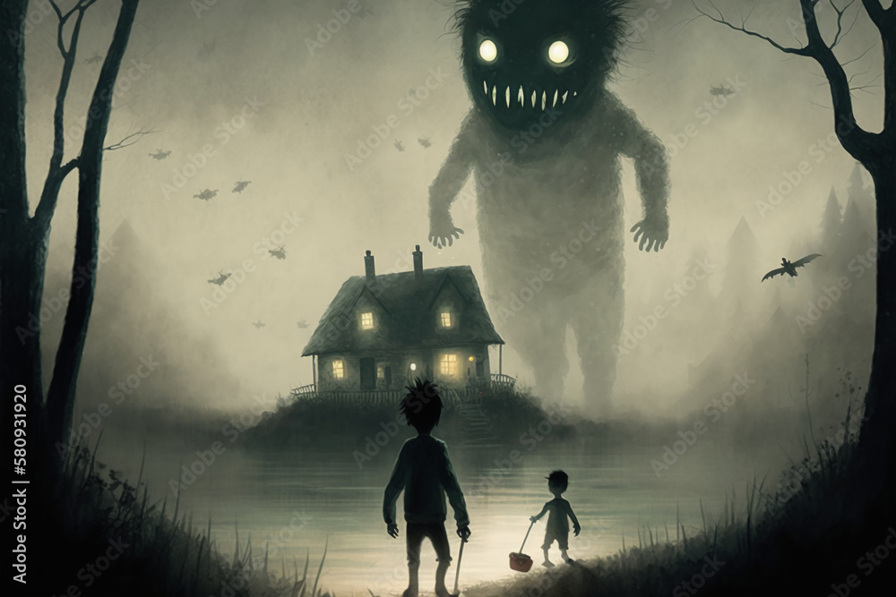 a frightening shadowy swamp being creeping up on two small children ...