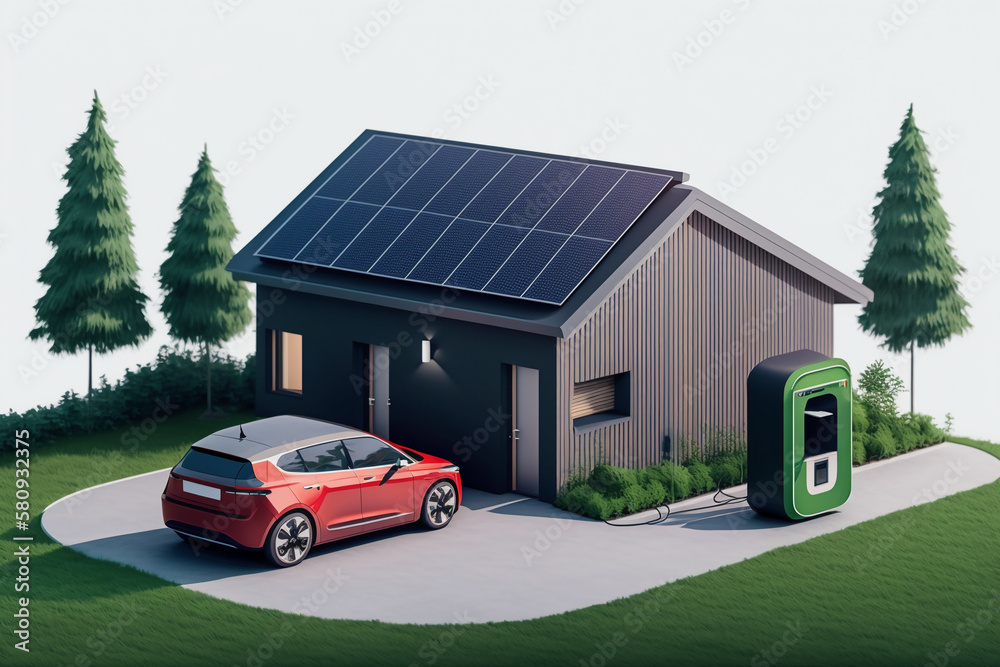Electric car parking charging at home garage with green roof wall box ...