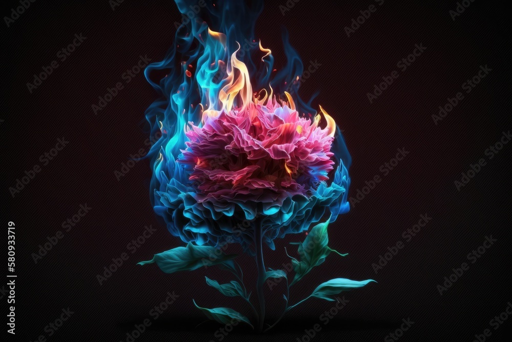 Burning flower on fire. Pink carnation flower in flame over black ...