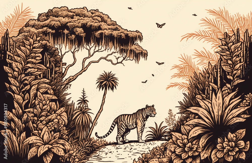Wild tiger and exotic plants. Tropical trees. Eastern landscape. Exotic ...