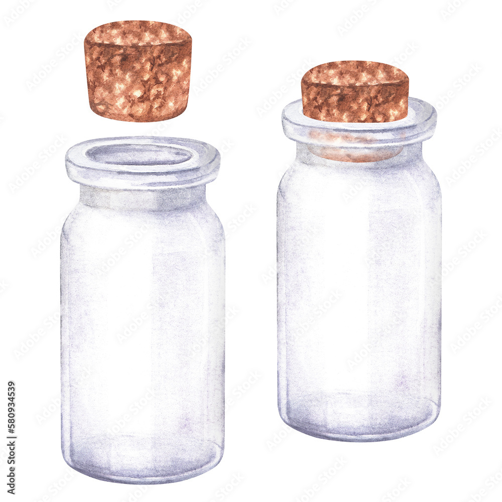 Watercolor illustration. Small glass bottle with stopper open and ...