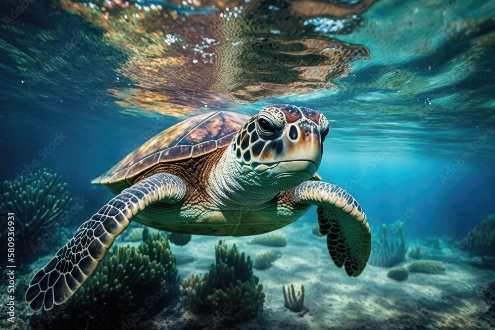 Blue water with a sea turtle. Cute sea turtle swimming in a tropical ...