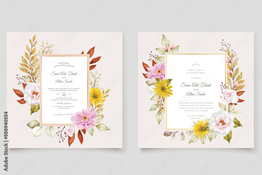 floral hand drawn illustration invitation card set Stock Vector | Adobe ...