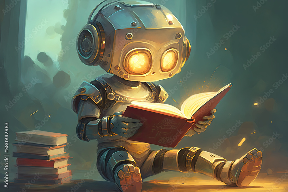 cute Robot child reading a book , Robot education a book, generative AI ...