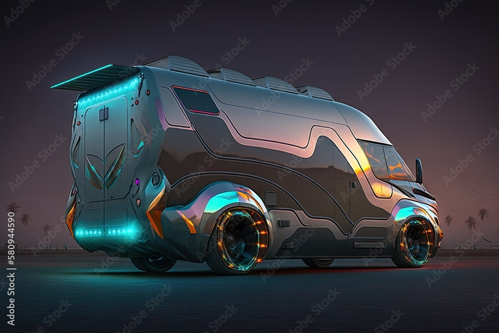futuristic cargo van of future with illuminated body and flat lights ...