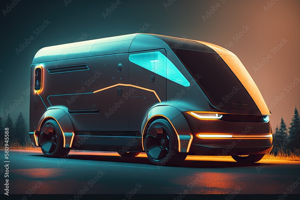 futuristic cargo van of future with tinted windows and illuminated ...