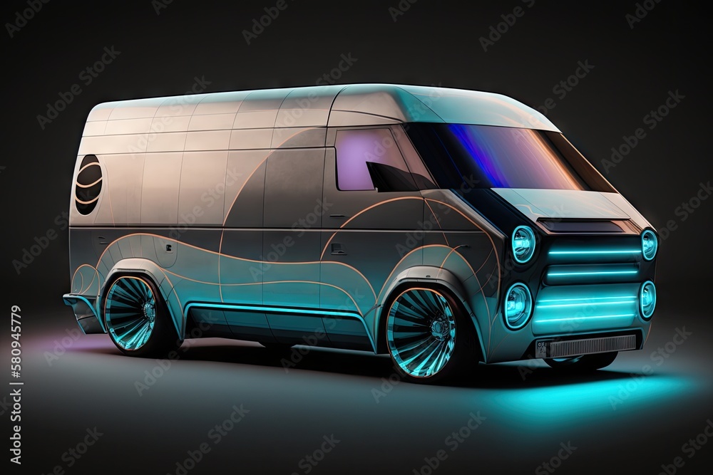 futuristic cargo van of future with tinted windows and illuminated ...