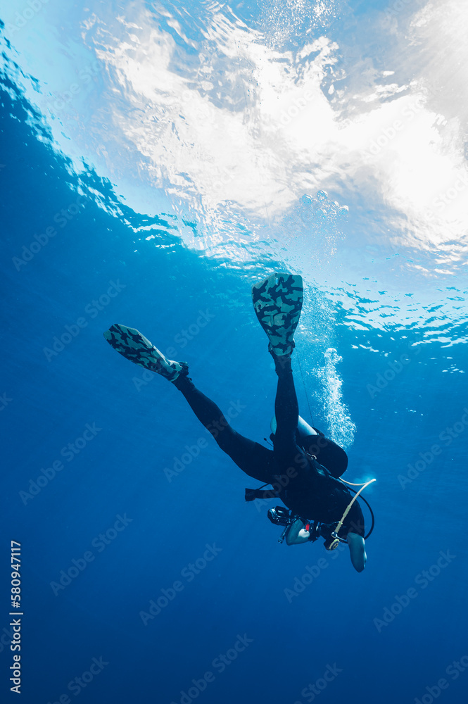 diver floating at Banda Sea during mandatory safety stop Stock Photo ...