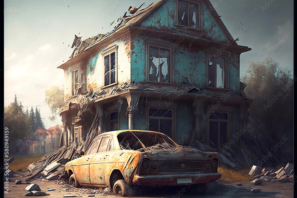 destroyed abandoned house and broken cars on streets of city, created ...