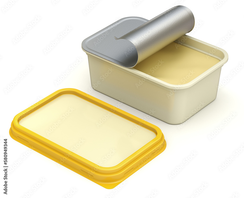 Open colored margarine box mockup with empty surface and lid on white ...