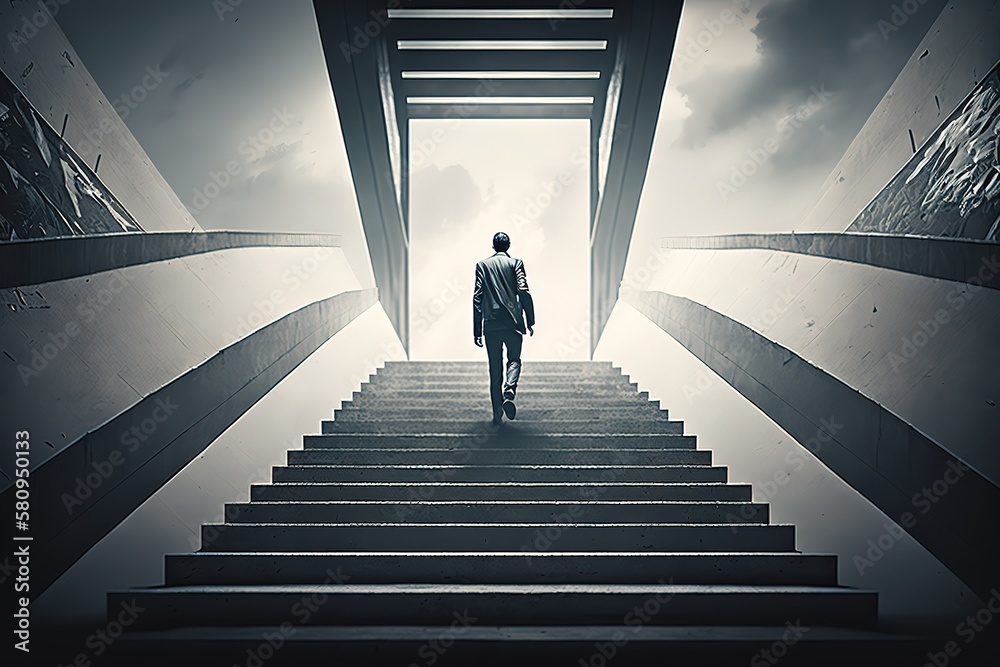 Ambitious businessman climbing stairs to meet the incoming challenge ...