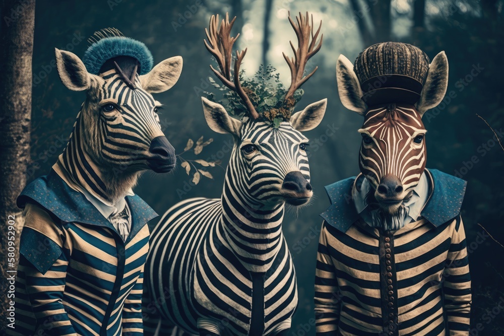 animal costumes. a concept image in a vintage aesthetic. Deer, zebra ...