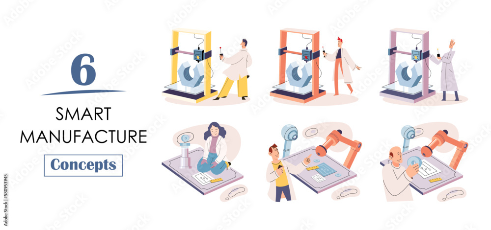 Manufacturing process industry. Scientist robot assembling products ...