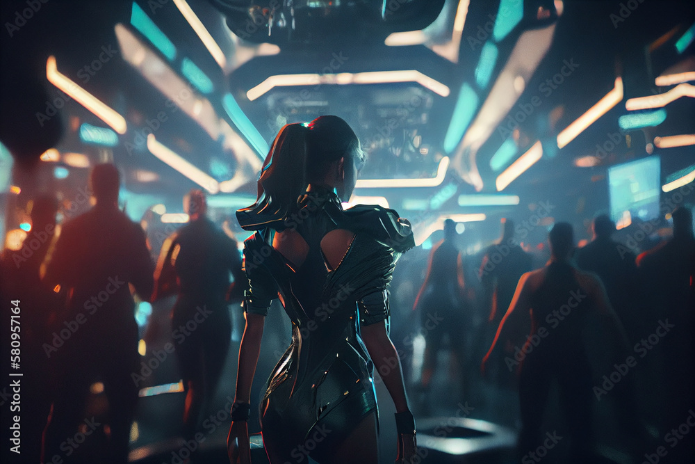 Cyberpunk woman dancing at party at futuristic disco party. Cyberpunk ...