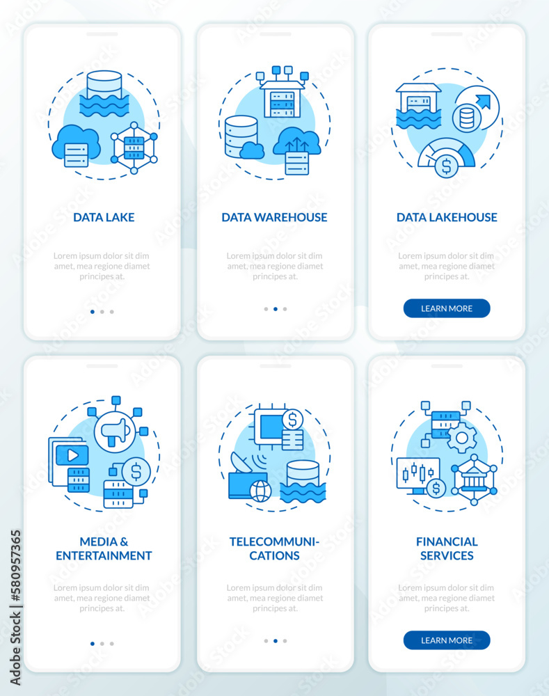 Data Lake Blue Onboarding Mobile App Screens Storage Usage Walkthrough 3 Steps Editable Graphic