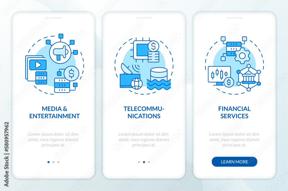Data Lake Use Cases Blue Onboarding Mobile App Screen Industries Walkthrough 3 Steps Editable