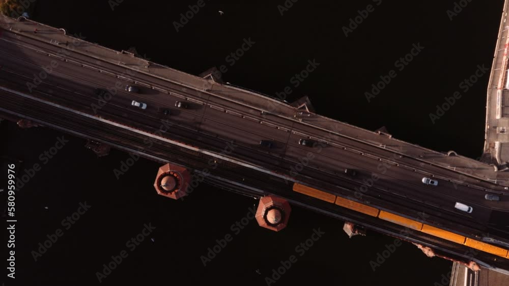 Top down aerial view of metro passenger railway trains passing each ...