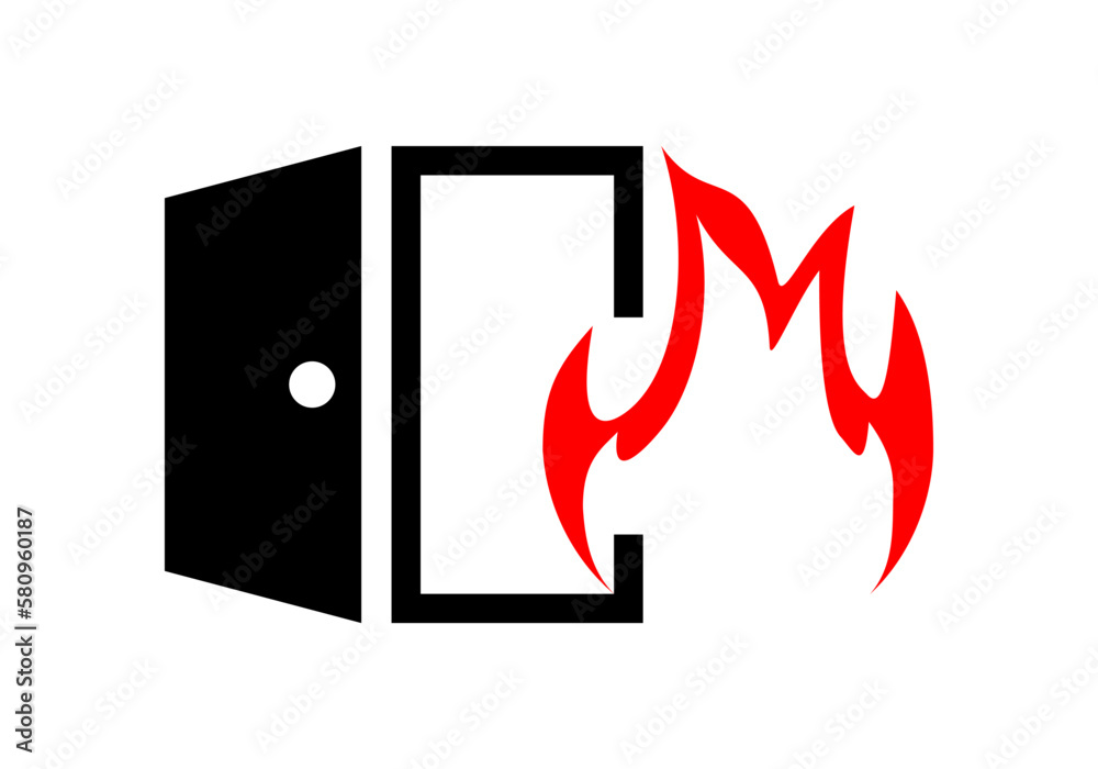 Black emergency exit door red fire escape sign warning icon flat vector ...
