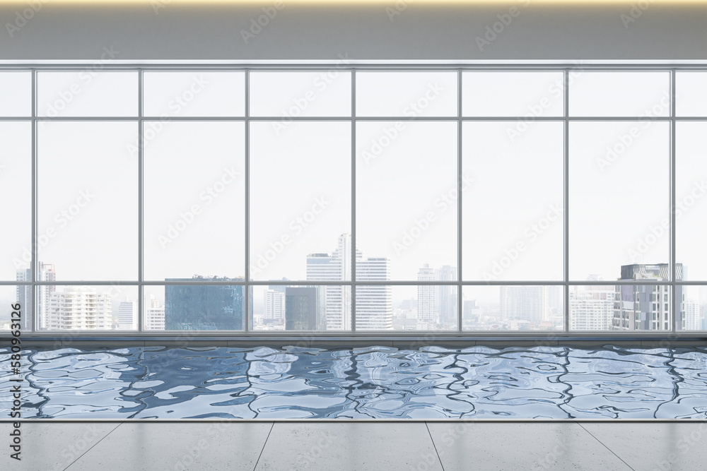 Clean luxury gym interior with swimming pool and panoramic windows with ...