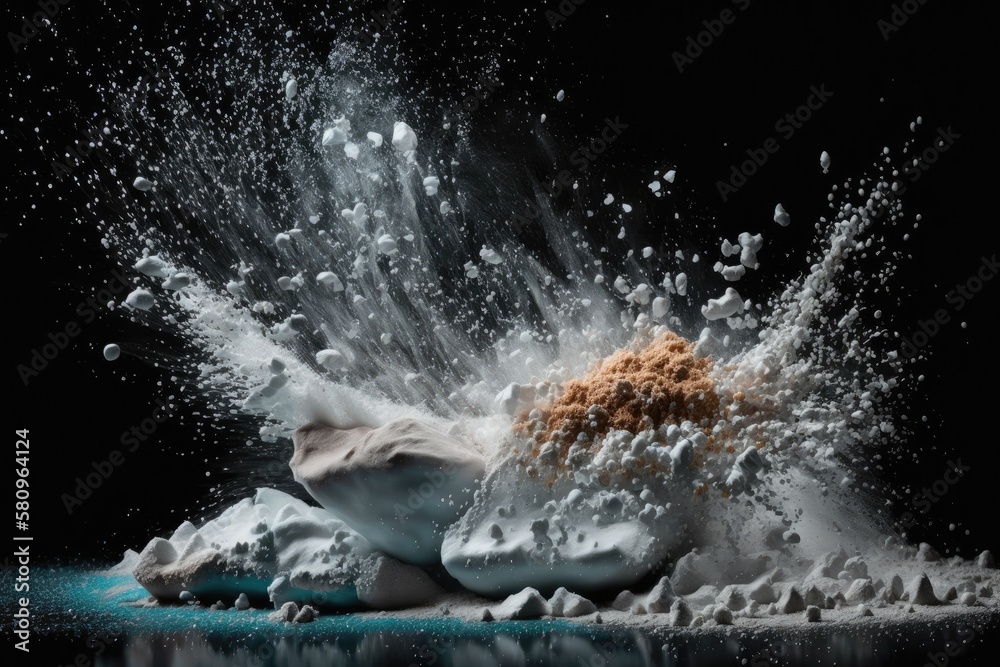 Sea salt that has been spilled on a dark background. Crystalline stones ...