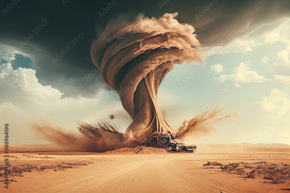 Tornado desert storm. Whirlwind kick up dust on the plain in the desert ...