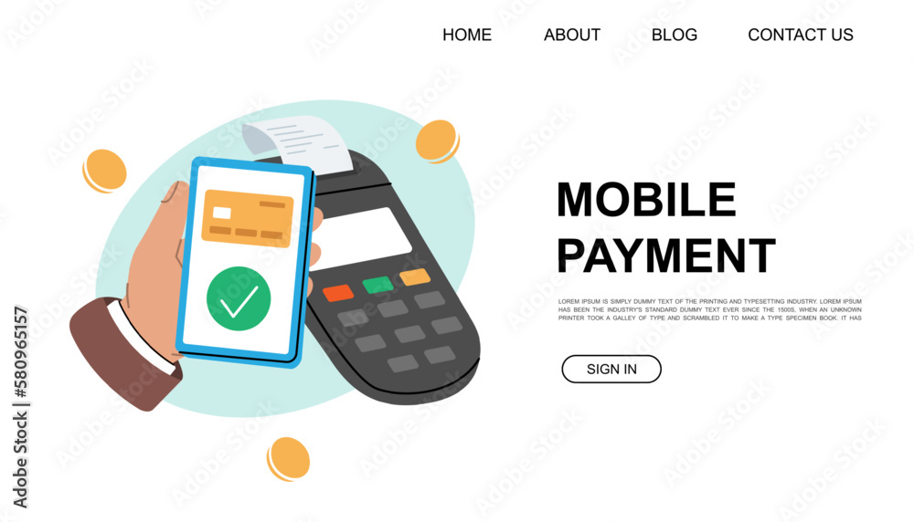 NFC payment website template. Smartphone paying with POS terminal ...