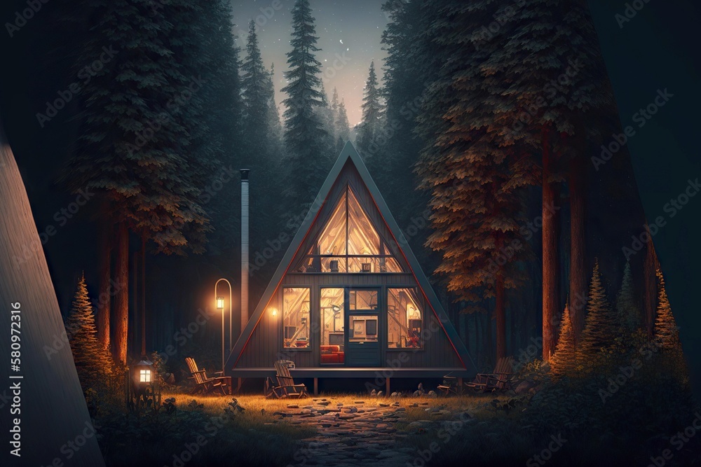 illuminated cozy a-frame cabin against background of tall trees ...