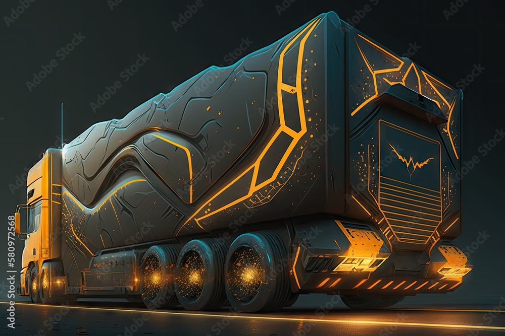 futuristic cargo truck of future with yellow orange lights flashing all over body, created with ...