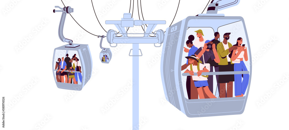 Tourists travel in cable car, suspended cabin of cableway, rope way ...