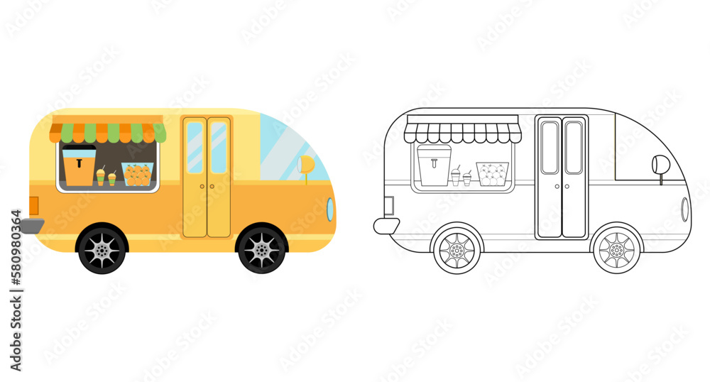 Cartoon yellow food truck. Coloring page and colorful clipart character ...