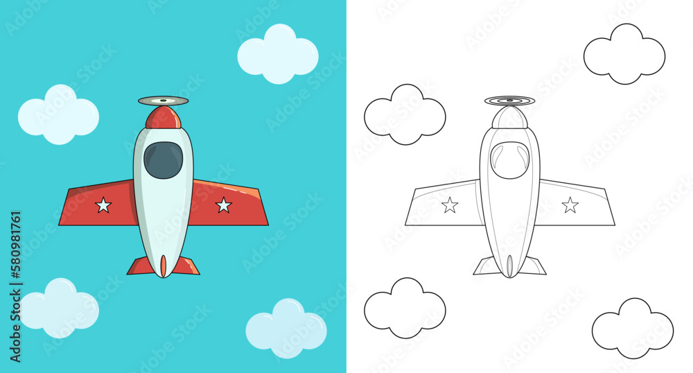 Cartoon red airplane. Coloring page and colorful clipart character ...