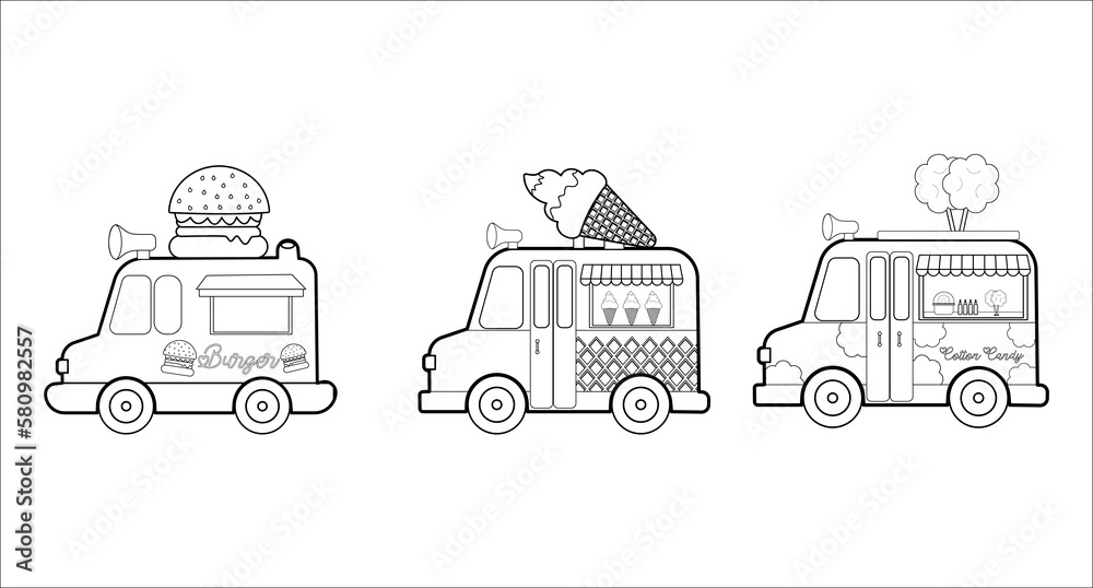 Coloring pages. Food truck. Cartoon clipart set for kids activity ...