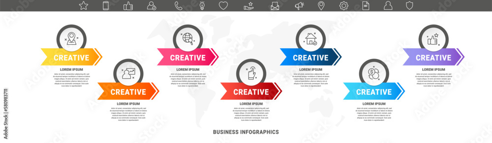 Vector modern infographic with seven circles and arrows. 3D concept ...