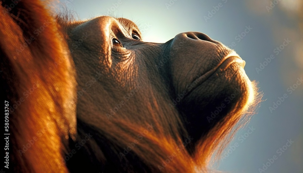 Gazing at a side view of an orangutan, lit by a golden hour, AI ...