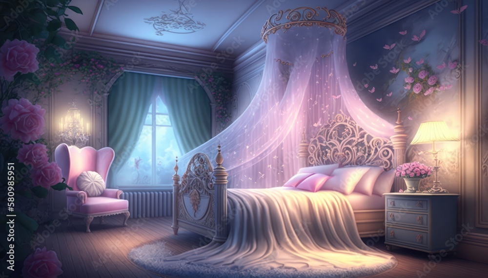 Dreamy Fantasy Princess Room with Feathers and Butterflies. A Luxurious and Noble illustration ...