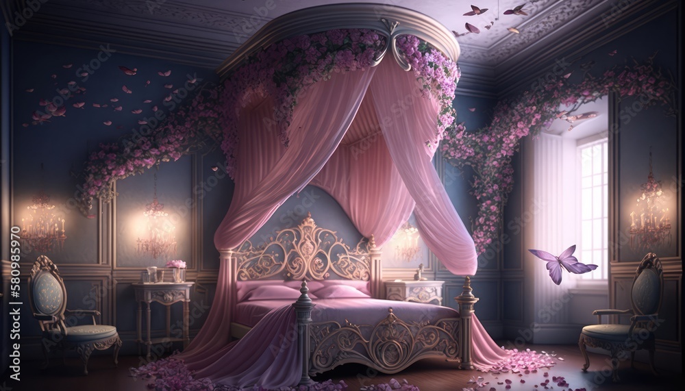 Dreamy Fantasy Princess Room with Feathers and Butterflies. A Luxurious and Noble illustration ...