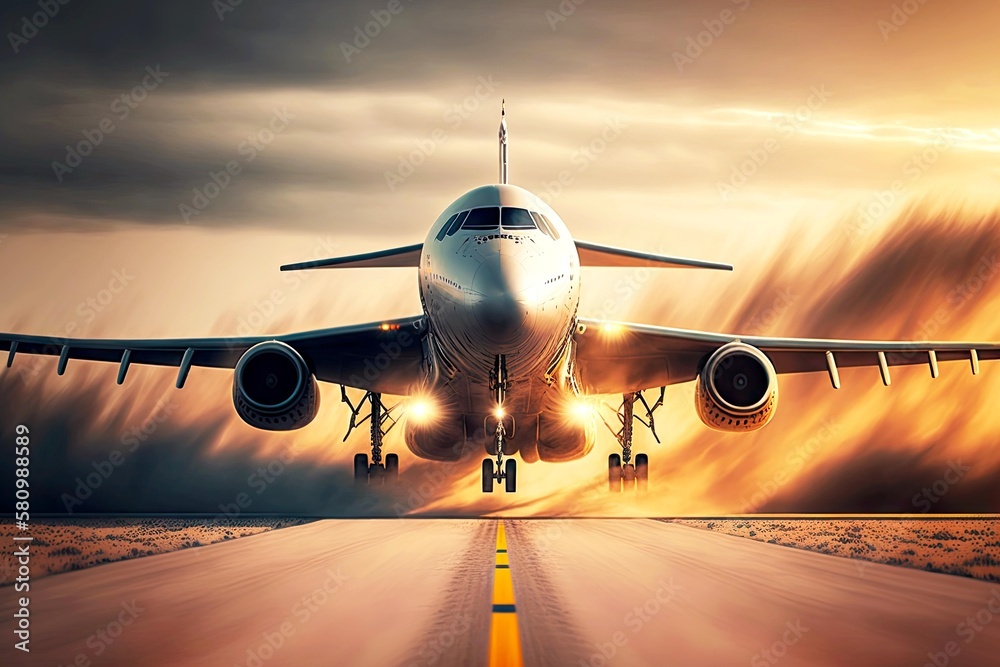 powerful jet passenger aircraft accelerates on wide runway, created ...