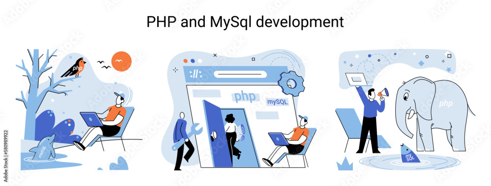 PHP and MYsql development vector set. Database management system ... PHP and MYsql development vector set. Database management system ...
