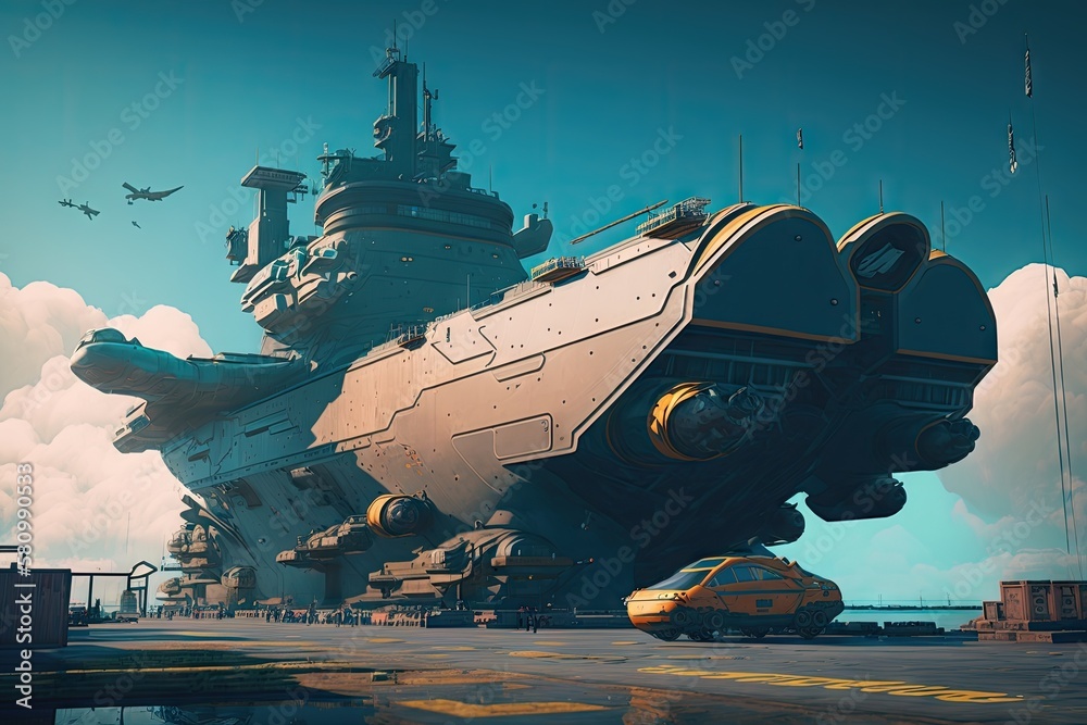 quiet futuristic cargo port of future and large sea anti-aircraft ship ...