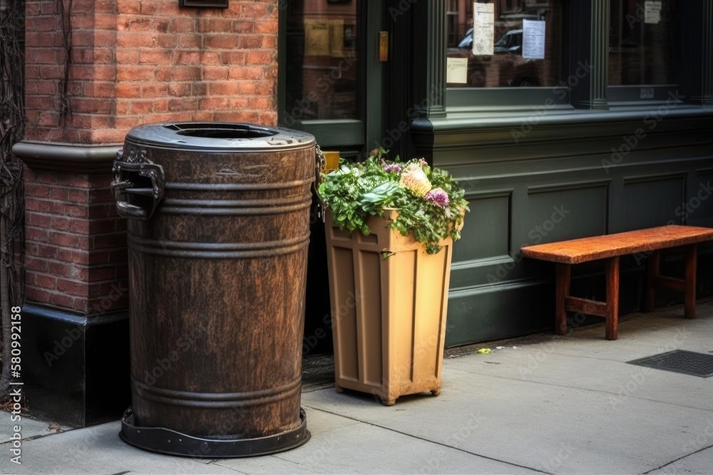 large garbage can behind restaurant for disposal of food waste and ...