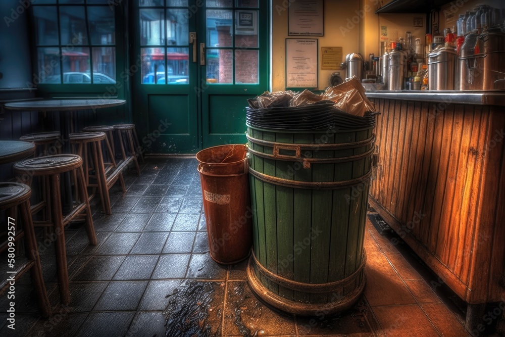 cleaning of premises in cafe after end of working day garbage can ...