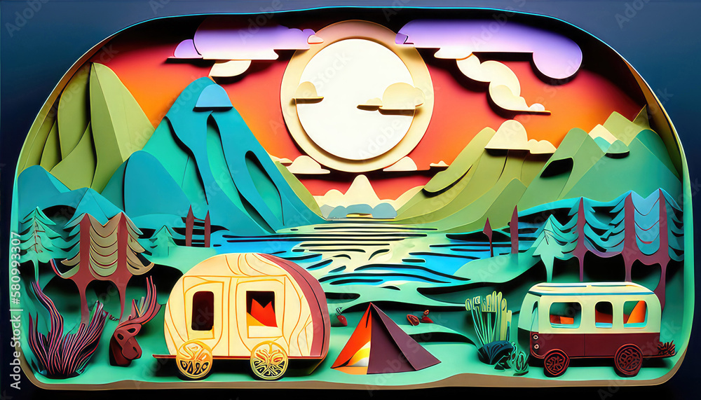 Papercut Adventure Camping Wagon Wheels Vivid Wildlife Intricate Design ...