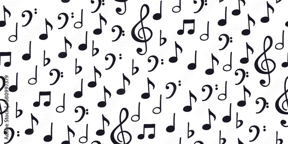 Seamless flying musical notes on white. Musical symbols for banner of ...