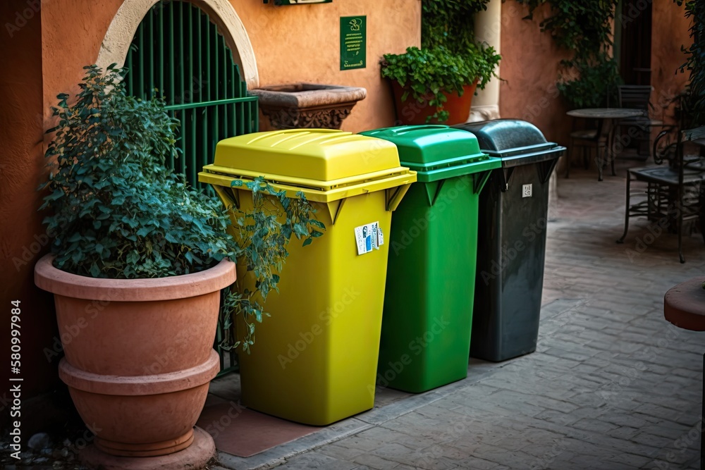 plastic trash containers in courtyard of fast food restaurant garbage ...