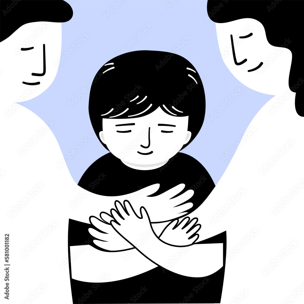 Parent and child, mother and father hugging their son, happy family ...