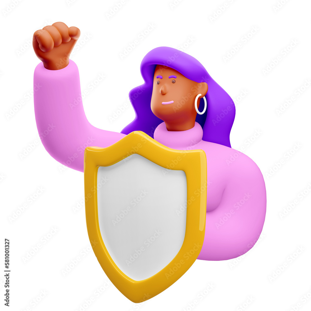 3d illustration. Cartoon girl 3d character with shield. Insurance and ...